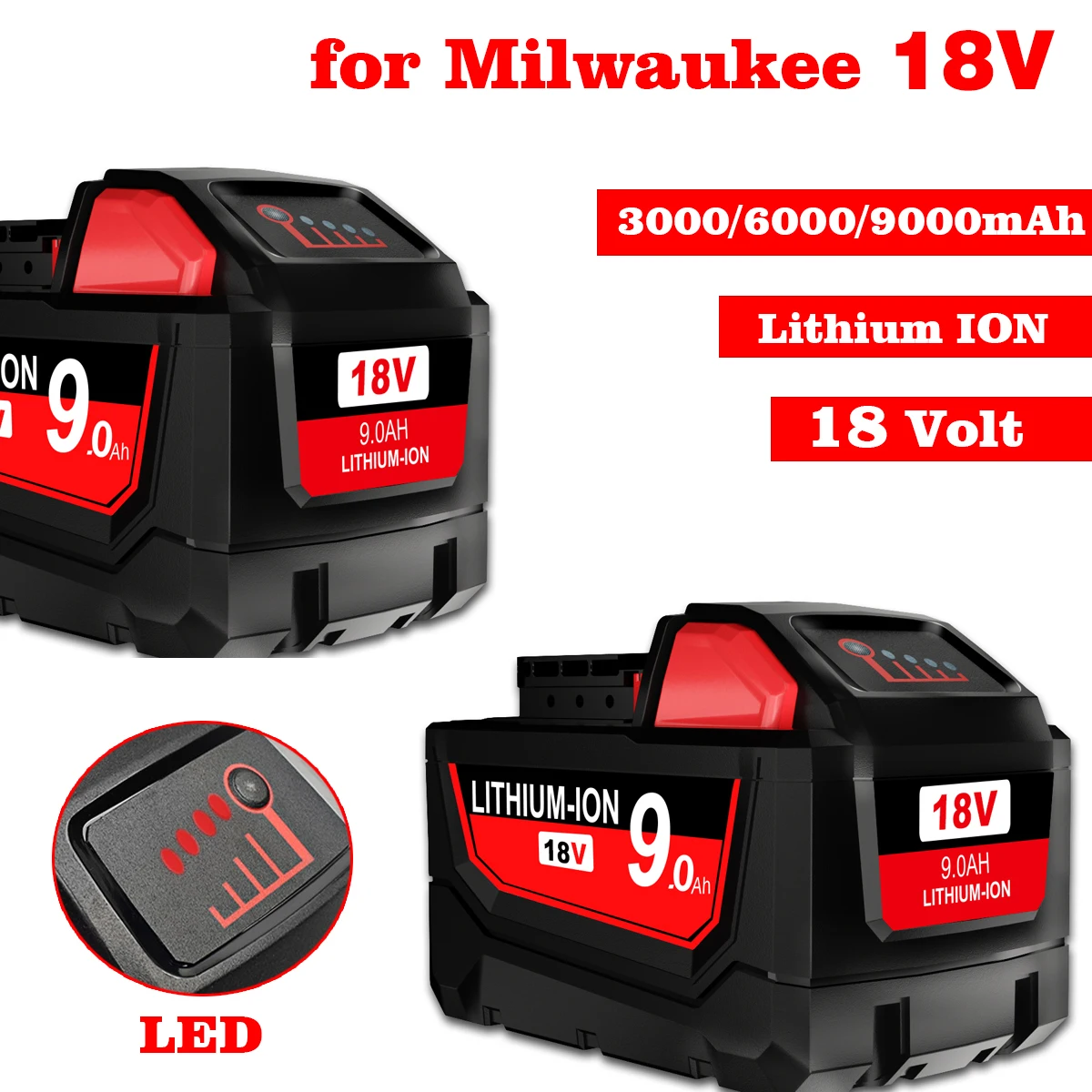 Milwaukee M18B5 XC 리튬 이온 배터리 충전식 배터리, 18v 9.0/6.0/3.0Ah 배터리 충전기 ...