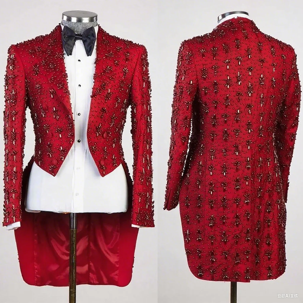 Red Mens Long Jacket Blazer Irregular Hem Beads Groom Wedding Tuxedo ...