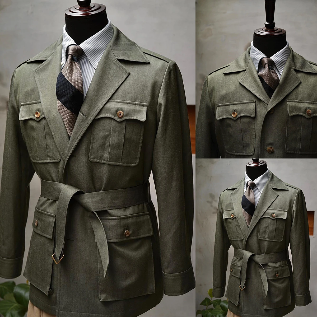 Traveling Men's Suit Blazer Bow Collar Military Green Single Breasted ...