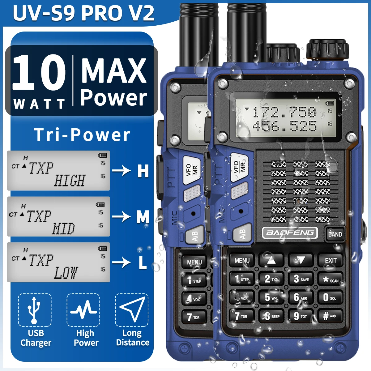 2pcs-BaoFeng-UV-S9-PRO-V2-True-10W-Waterproof-Walkie-Talkie-UVS9-USB ...