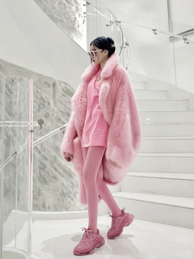Lautaro Winter Long Oversized Pink Thick Warm Soft Shaggy Fluffy Faux Fur Coat Women Pockets ...