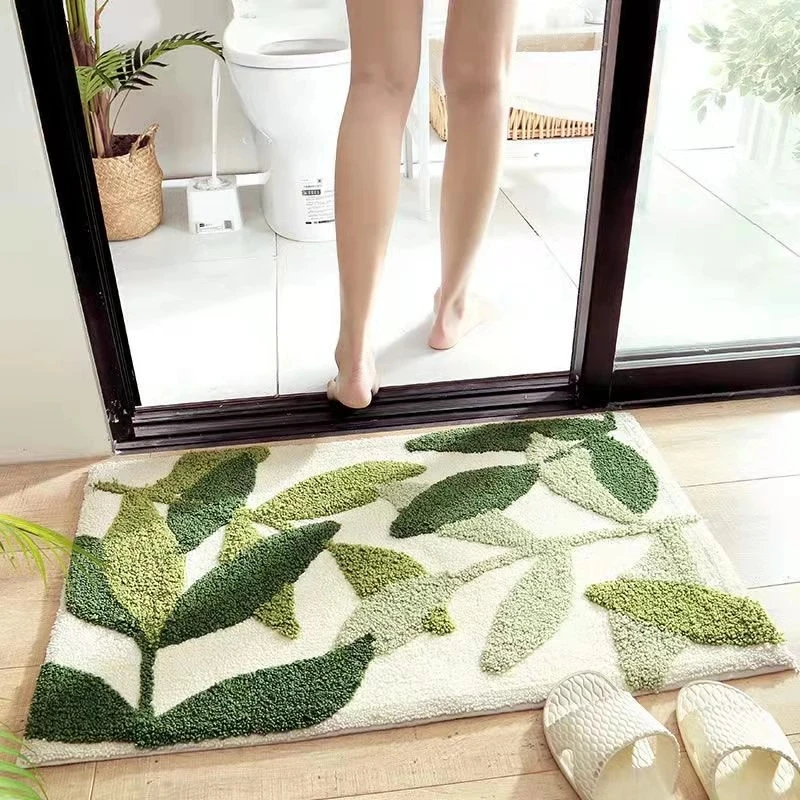 Leaves-Green-Flocking-Bath-Mat-Non-slip-Absorbent-Microfiber-Bathroom ...