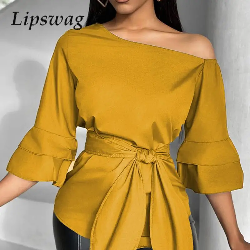 Women-Loose-Solid-Color-Versatile-Jumper-Fashion-Slanted-Neck-Bow-Lace ...