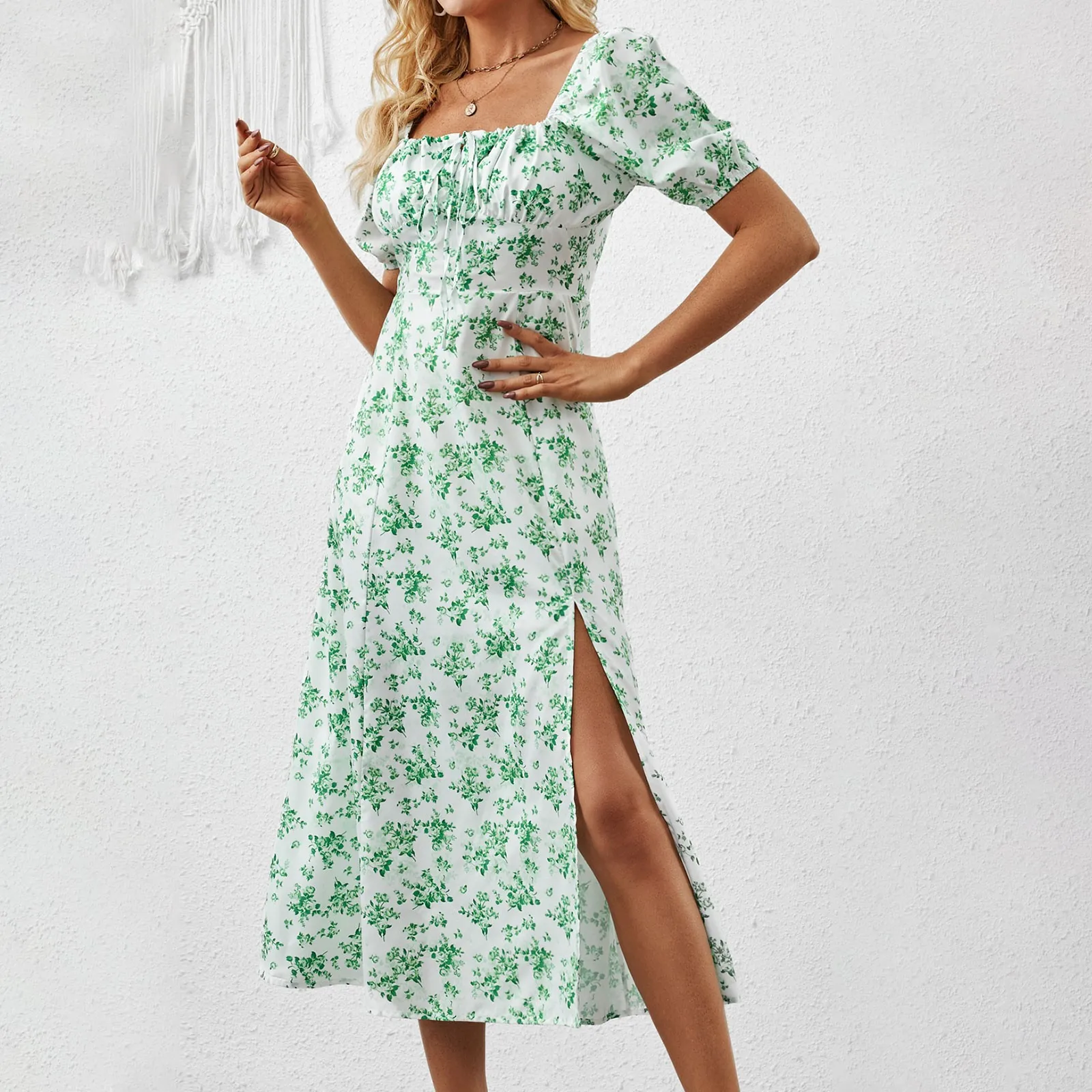 Floral-Print-Puff-Sleeve-Ruched-Bust-Slit-Dress-Women-Square-Neck-High ...