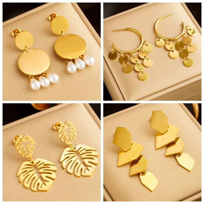 DIEYURO 316L Stainless Steel Gold Color Geometric Drop Earrings For ...