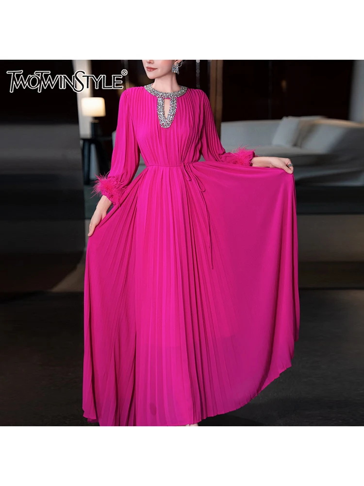 TWOTWINSTYLE-Solid-Patchwork-Diamond-Feathers-Luxury-Dress-For-Women-O ...