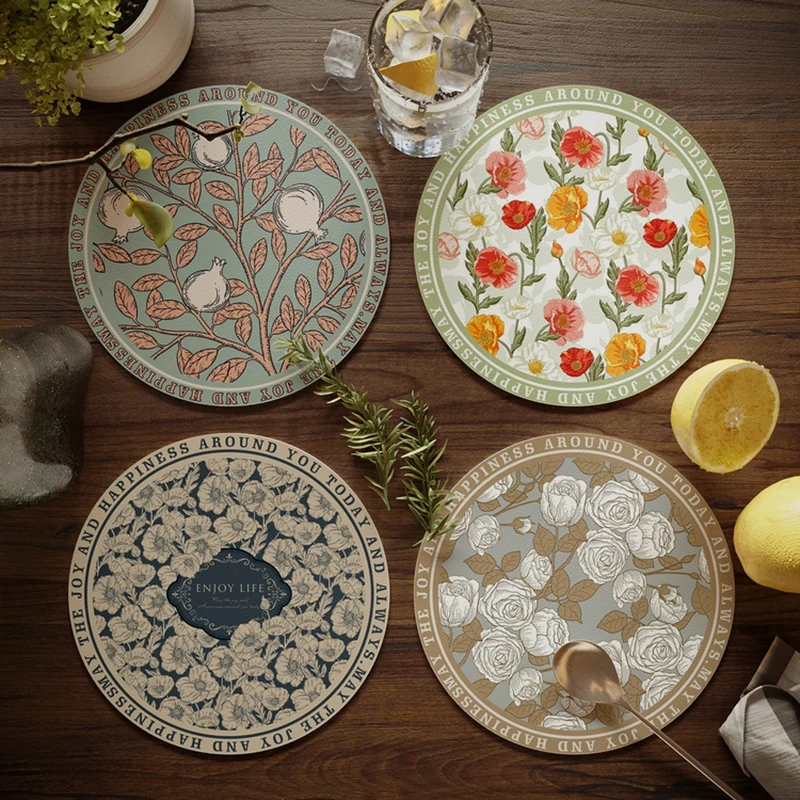 4pc-Luxury-Round-Leather-Table-Mat-Nordic-Insulation-Pastoral-Printed ...