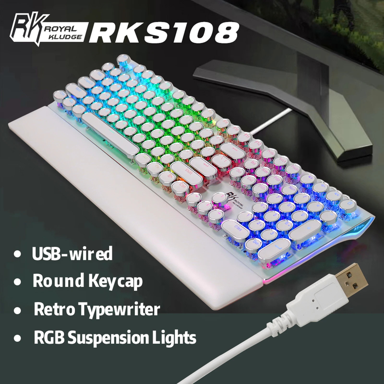 RK108/RK S108พิมพ์ดีดคีย์บอร์ด RGB Backlit พับข้อมือ108 Key Retro ...