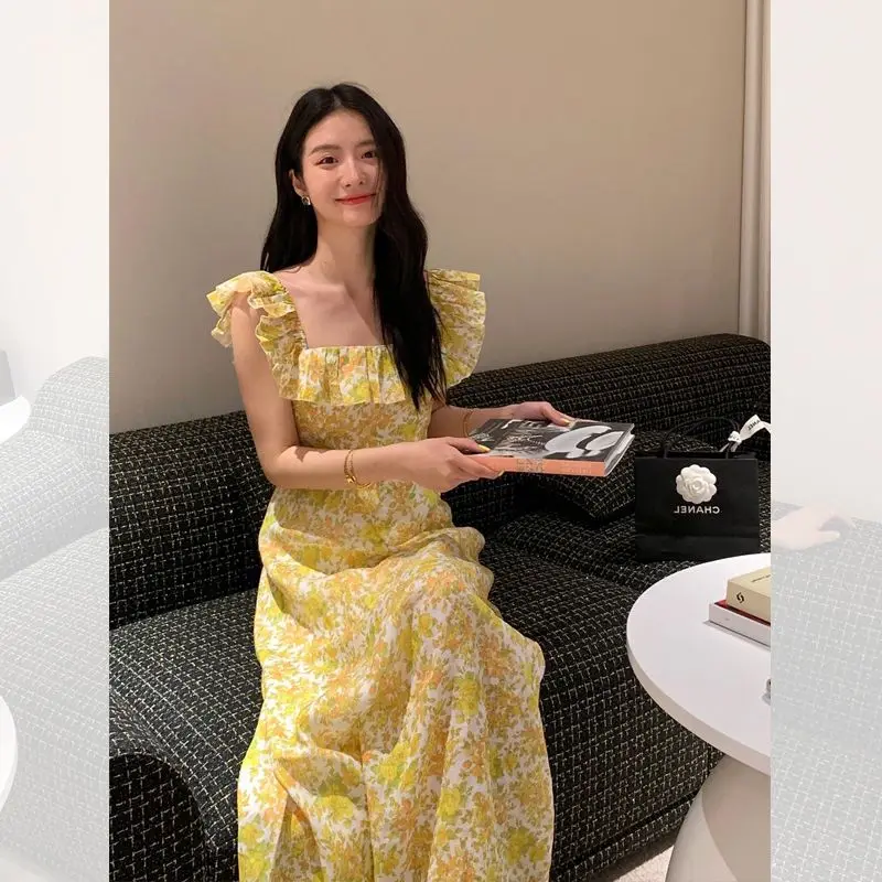 Korean-Fashion-Yellow-Floral-Long-Dress-Women-s-Summer-Flying-Sleeves ...