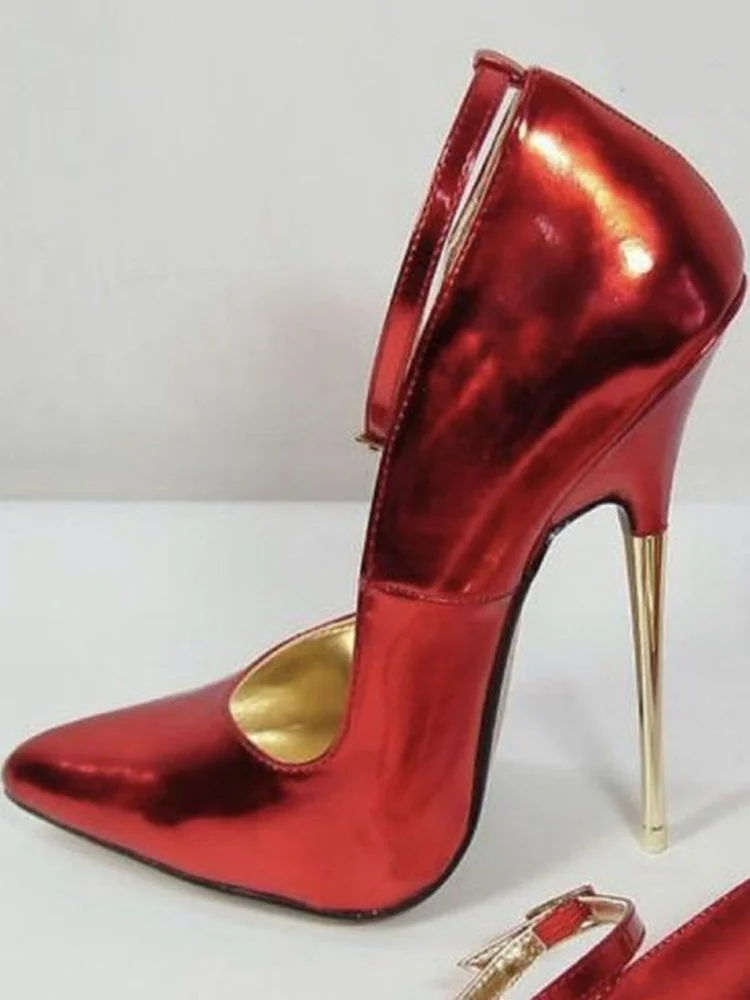 Red Patent Leather Pumps Super High Heel Metal Heel Pointy Toe Ankle ...