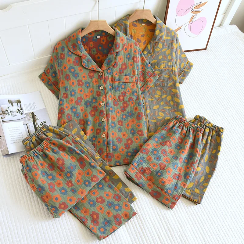 2024-New-Spring-Summer-Pajamas-Three-Piece-Set-Thin-100-Cotton-Crepe ...