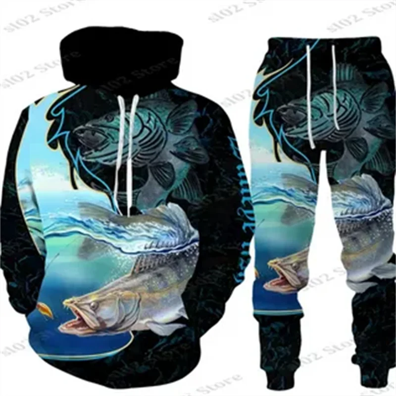 New Vintage Animal Fish Hoodie set Men Tracksuit 3D Printed Casual ...