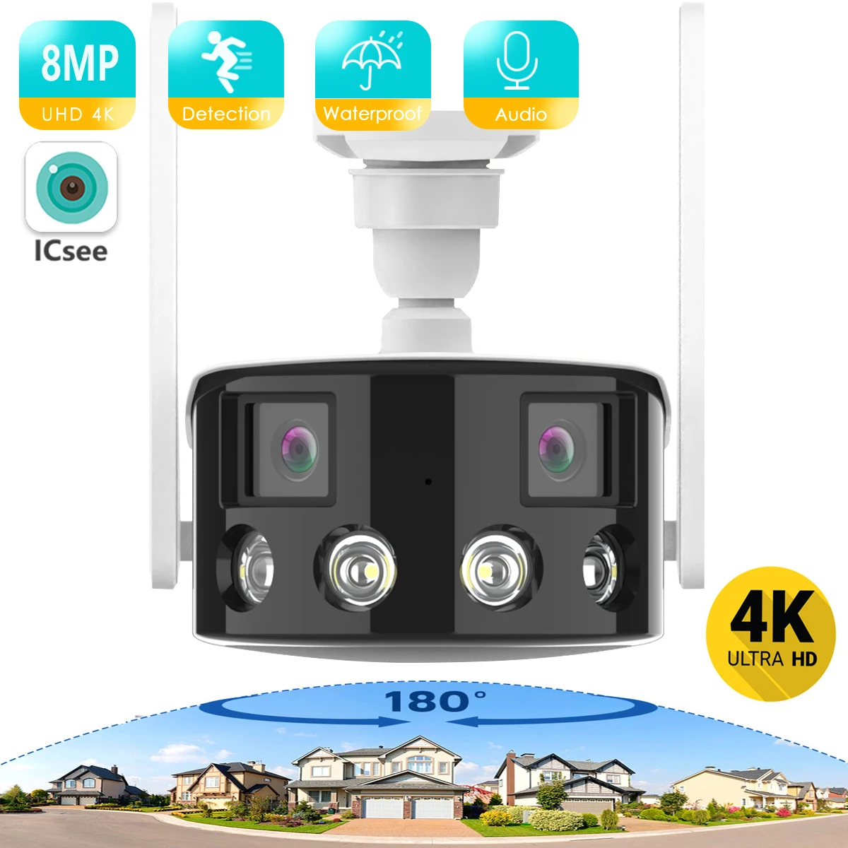 Câmera de Vigilância 4MP WIFI Outdoor Dual Lens 180 ° Ultra Wide View ...