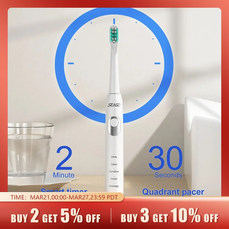 Seago Rechargeable Electric Toothbrush Sonic Tooth Brush Ultrasonic Type C 5 Modes Supercharged ...