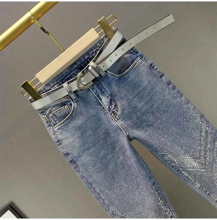 Fashion Rhinestone Skinny Women's Stretch High Waist Cropped Jeans