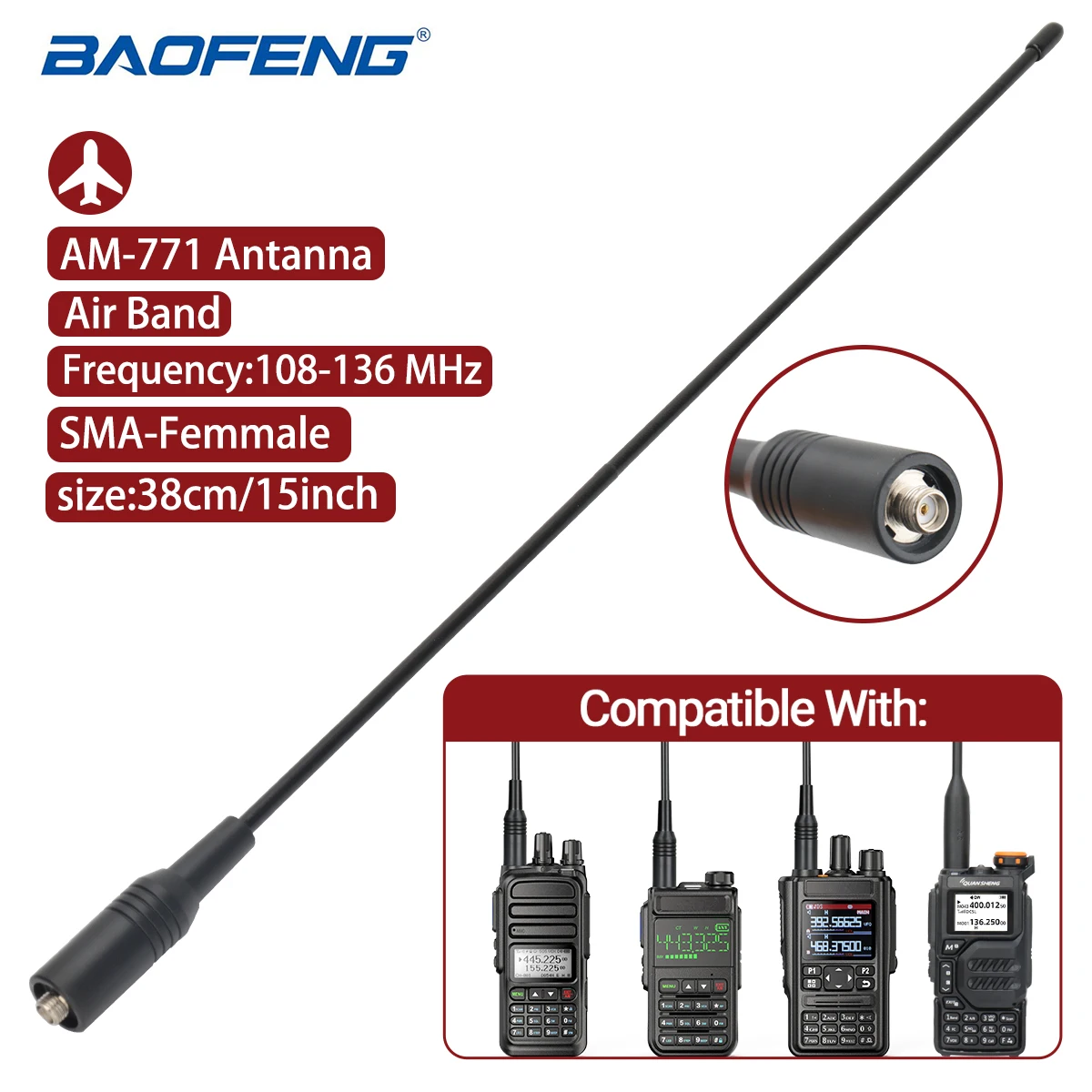 AM-771 Walkie Talkie SMA-Female Antenna 108-136Mhz Air Band Soft Whip ...