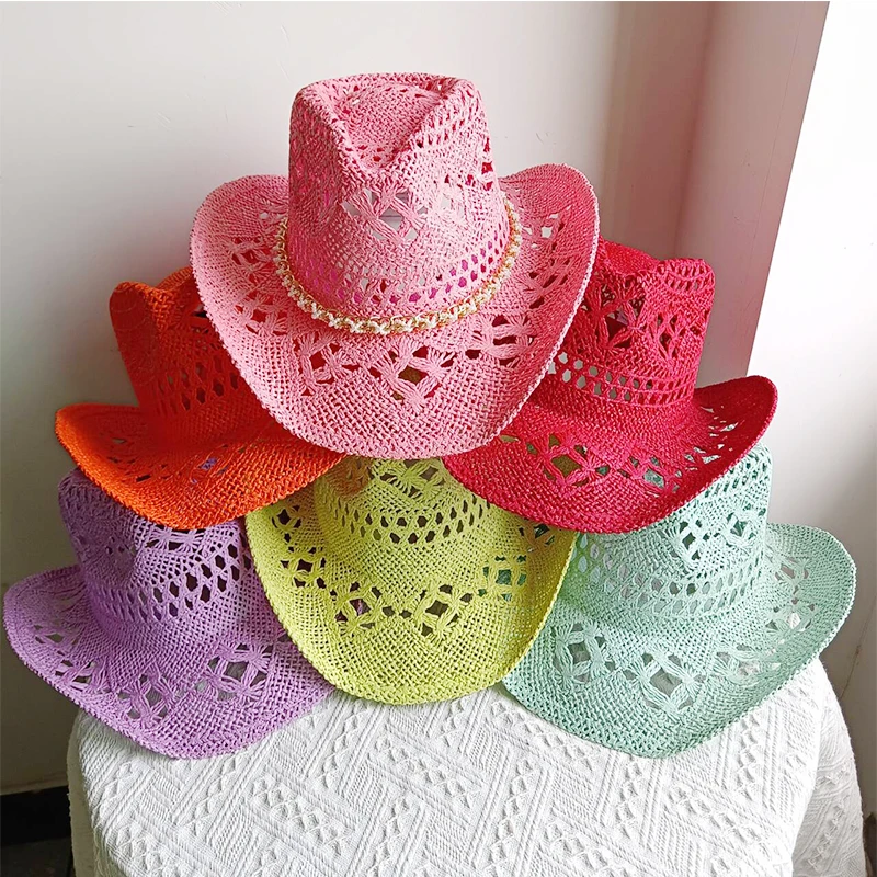 Melesh Western Cowboy Hat Summer Women's Straw Cowboy Hat Pearl ...