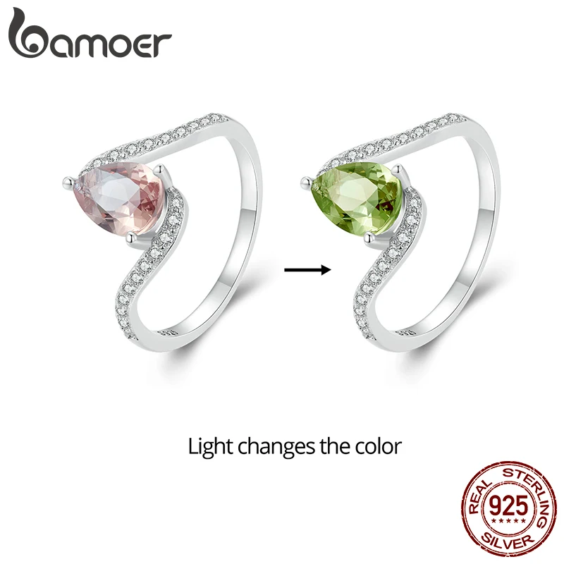 Bamoer 925 Sterling Silver Color-changing Pear Stone Ring Shiny Pave Setting CZ Finger Ring for ...