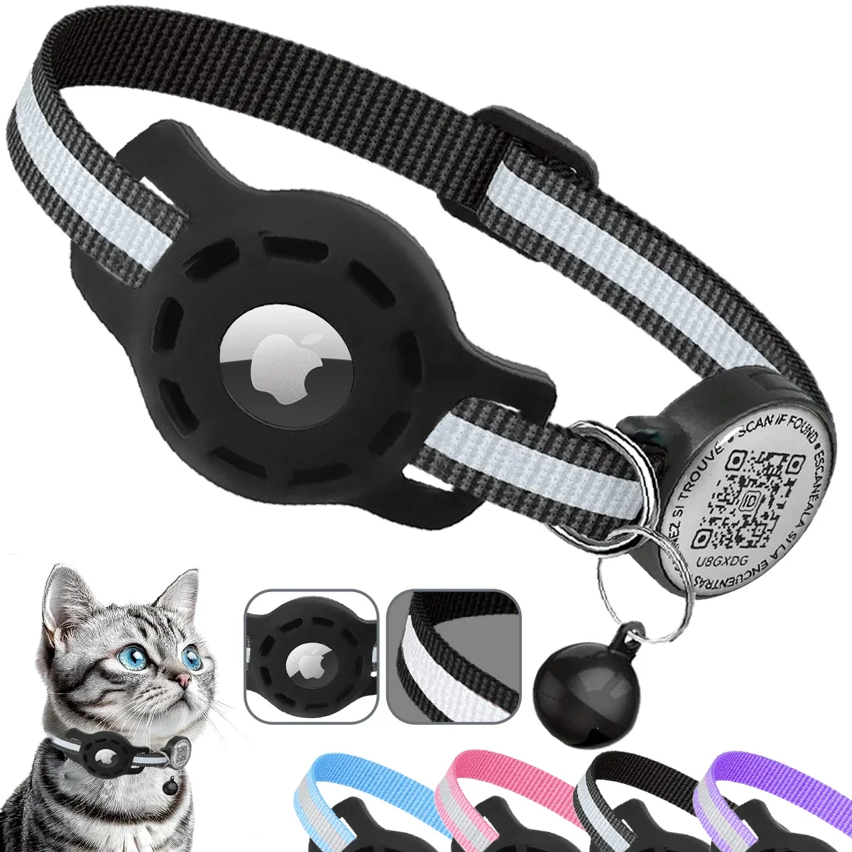 GPS Air Tag Cat Collar with QR ID Tag, AirTag Holder Pet Collar for ...