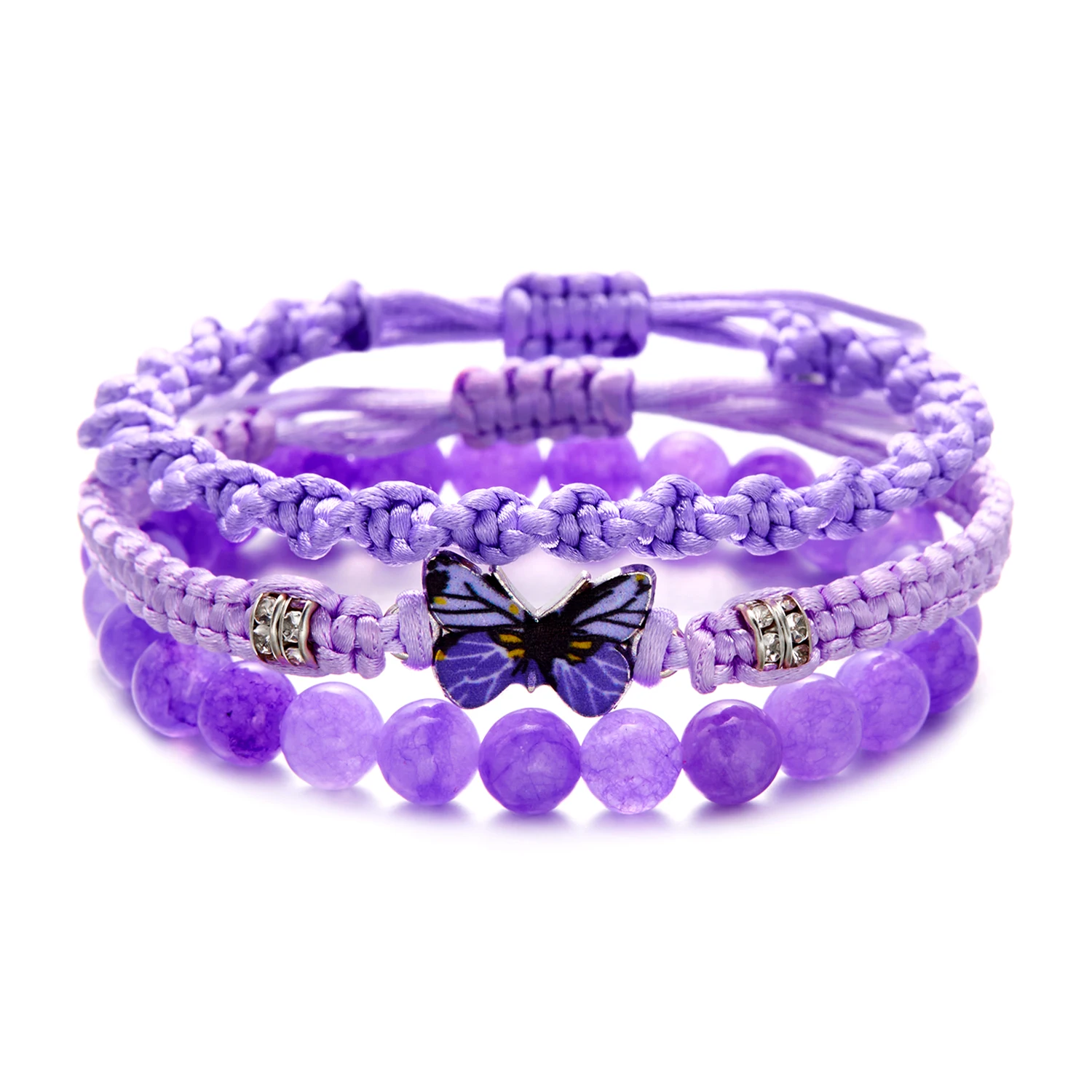 3pcs-set-Handmade-Purple-Butterfly-Bracelet-For-Women-Men-8mm-Black ...