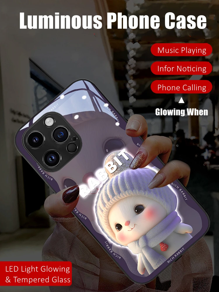 Cute-Rabbit-LED-Light-Glowing-Luminous-Tempered-Glass-Back-Phone-Case ...