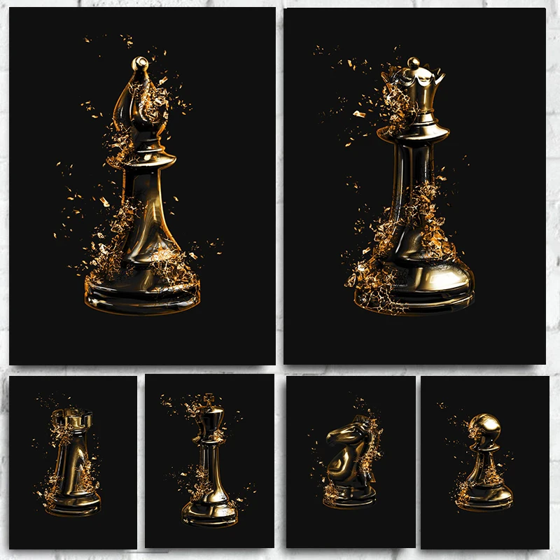 Black-White-3D-Golden-Chess-Piece-Posters-Bishop-Knight-King-Queen ...