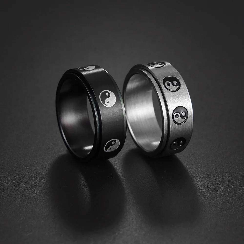 Traditional-Chinese-Ying-Yang-Rings-for-Men-Woman-8MM-Black-Rotatable ...