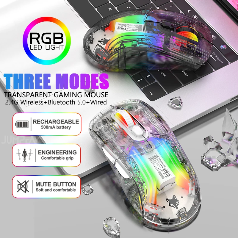 JUMPEAK-Transparent-RGB-Gaming-Mouse-Bluetooth-Wireless-Wired-3-Modes ...