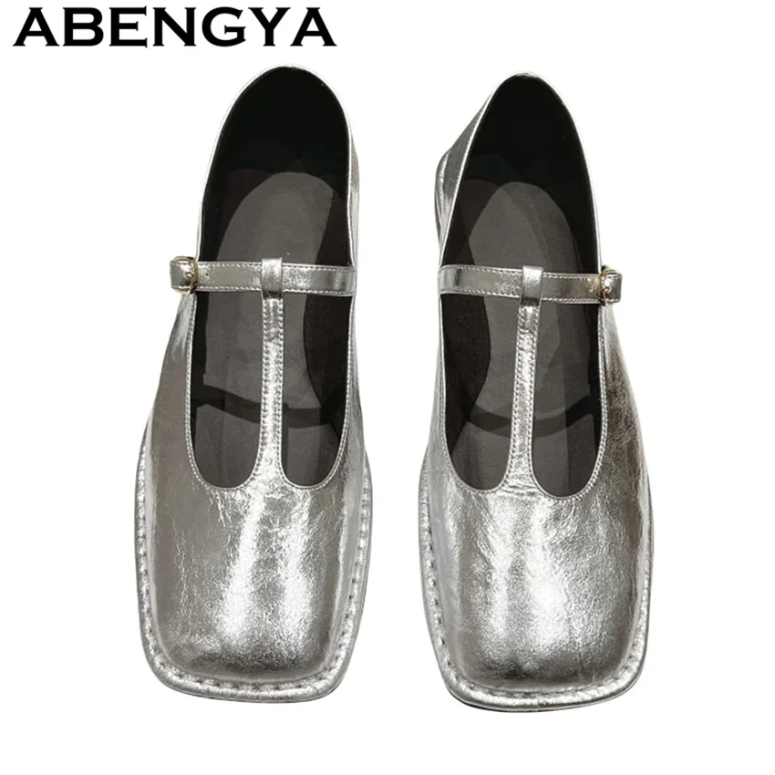 Gold Silver Square Toe Designer Ballet Flat Shoes Women Genuine Leather ...