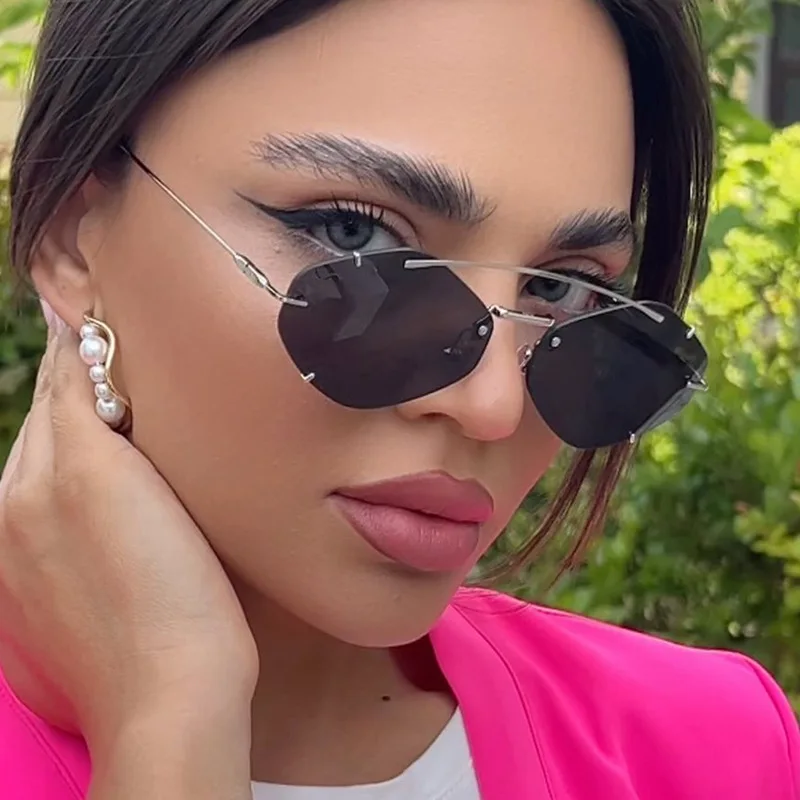 Rimless Double Bridge Sunglasses Square Women Men Retro Sun Glasses ...