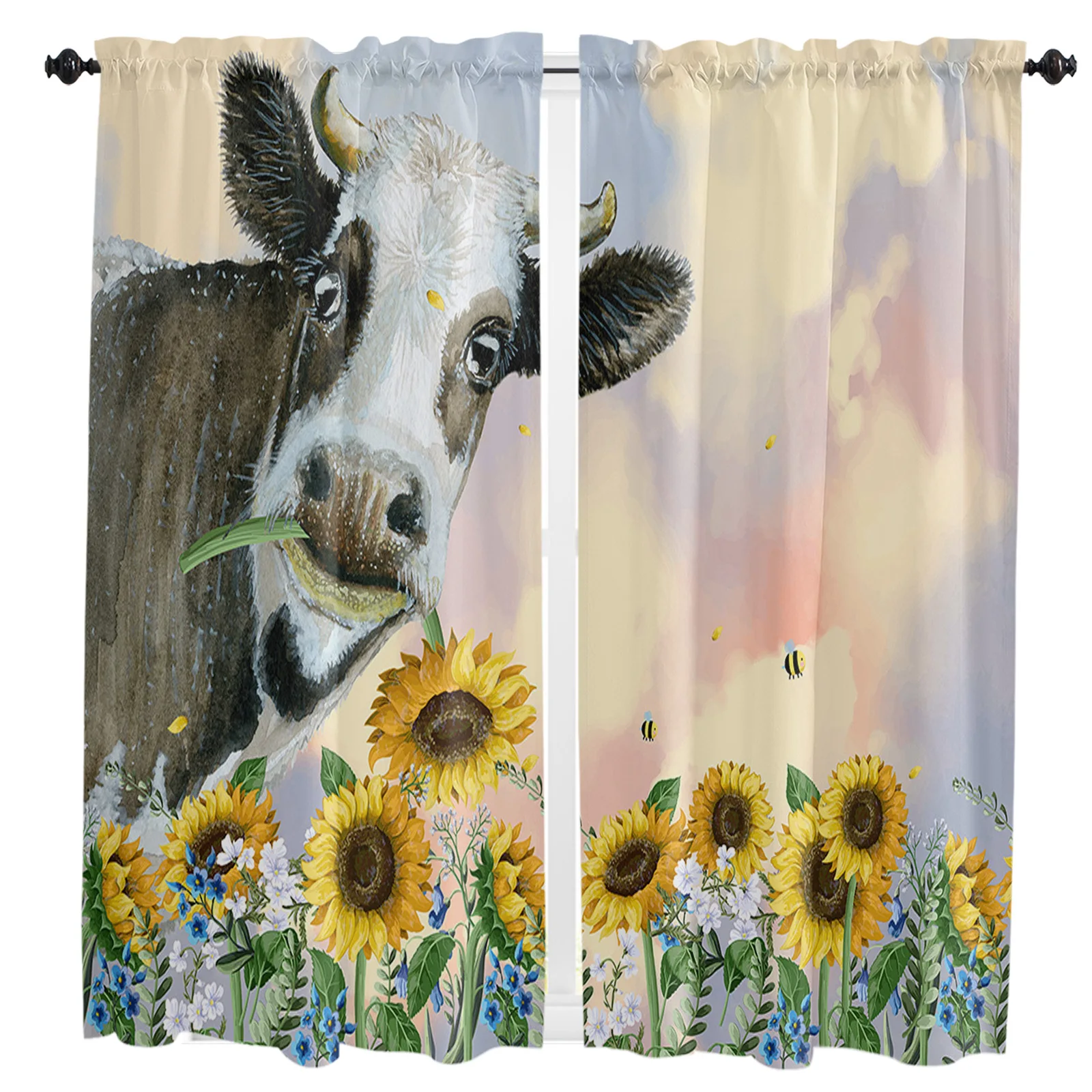 Country-Style-Sunflower-Cow-Curtains-For-Living-Room-Kitchen-Curtain ...