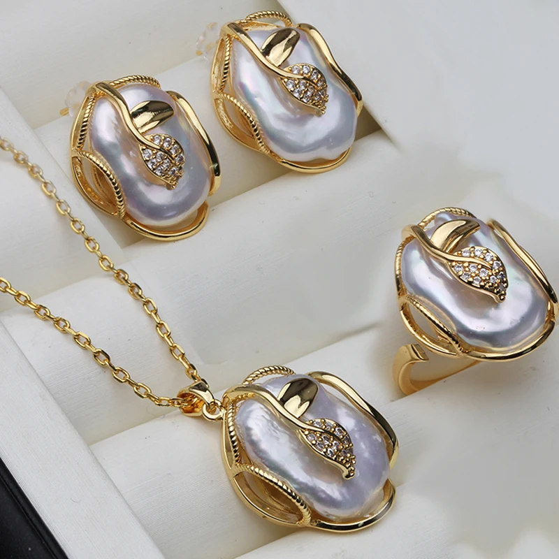Natural-Freshwater-Pearl-Necklace-Earrings-Sets-Women-Gold-Plated-Real ...