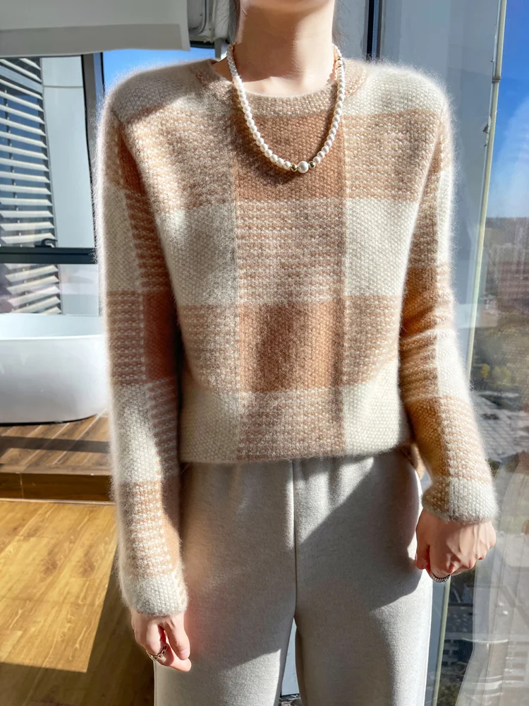 New-Chic-Women-Plaid-Style-Pullover-Sweater-100-Merino-Wool-Thick-Soft ...