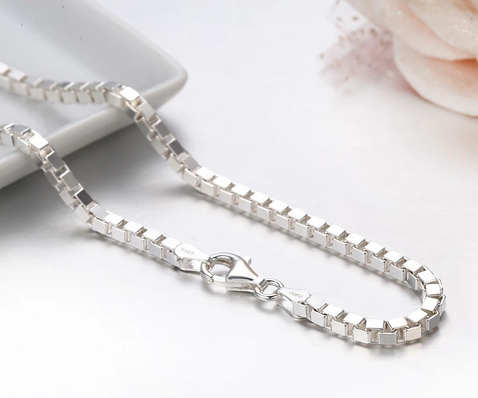 35cm-80cm 3mm Real Solid Pure 925 Sterling Silver Box Chain Necklace ...