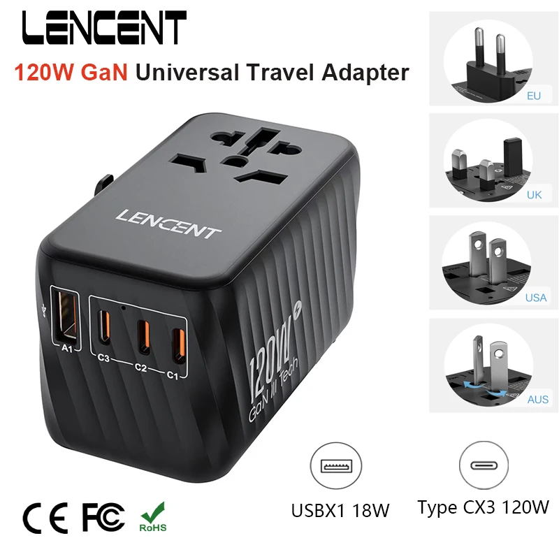LENCENT 120W GaN Universal Travel Adapter with1 USB-A+3 Type-C Support PPS ,PD3.0 Fast Charger ...