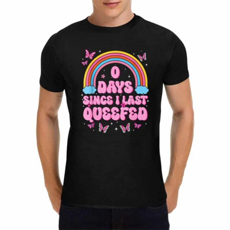 Men's Black Crew Neck T-Shirt "0 Days Since I Last Queefed" Rainbow ...