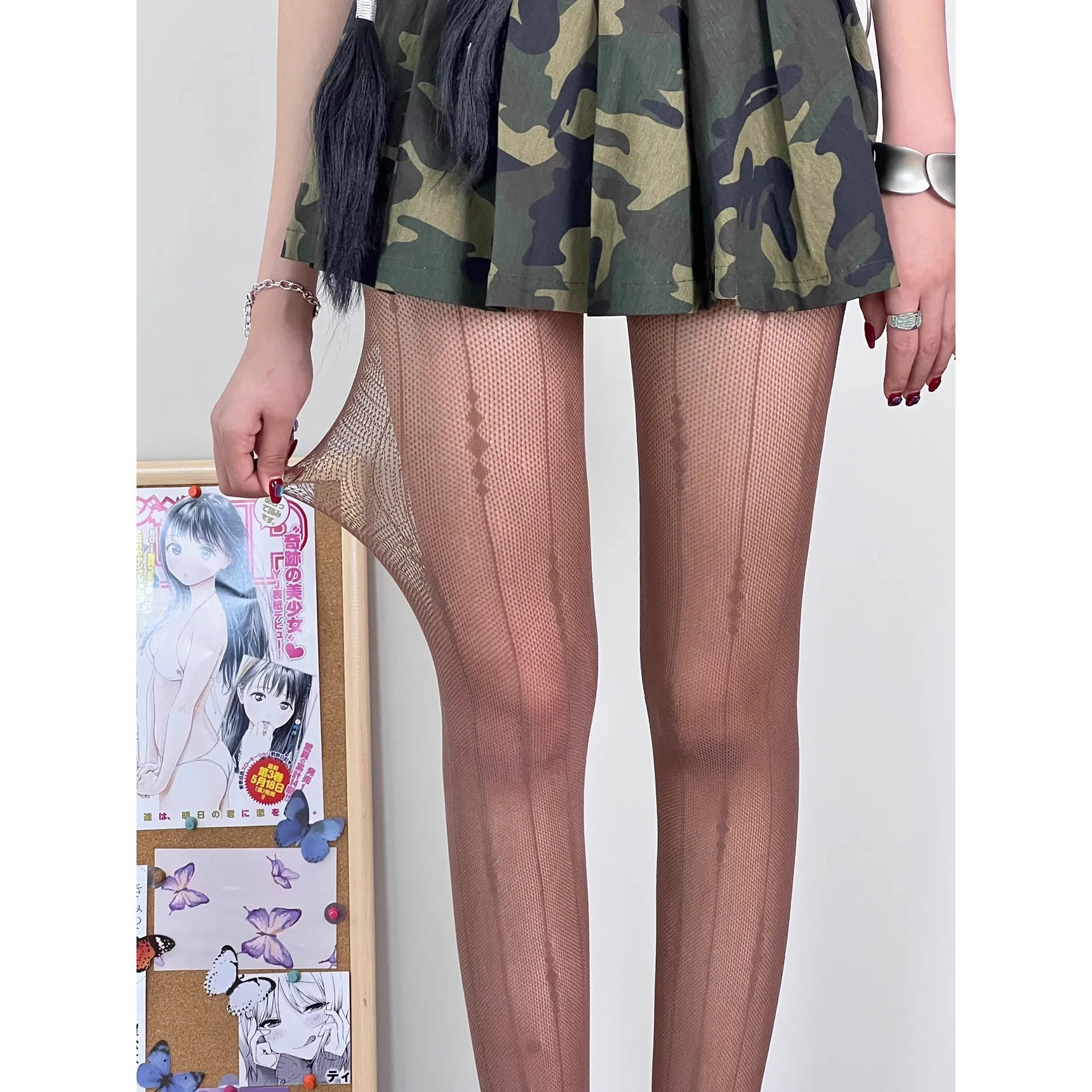 Geometric Lines Fishnet Stockings Brown Black White Tights Women JK ...