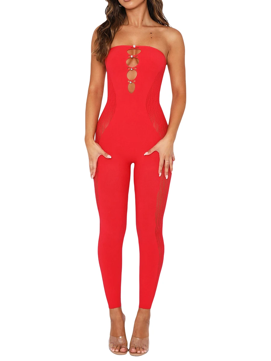 Women Sexy Cutout Bodycon Mini Jumpsuit Sleeveless See Through Print