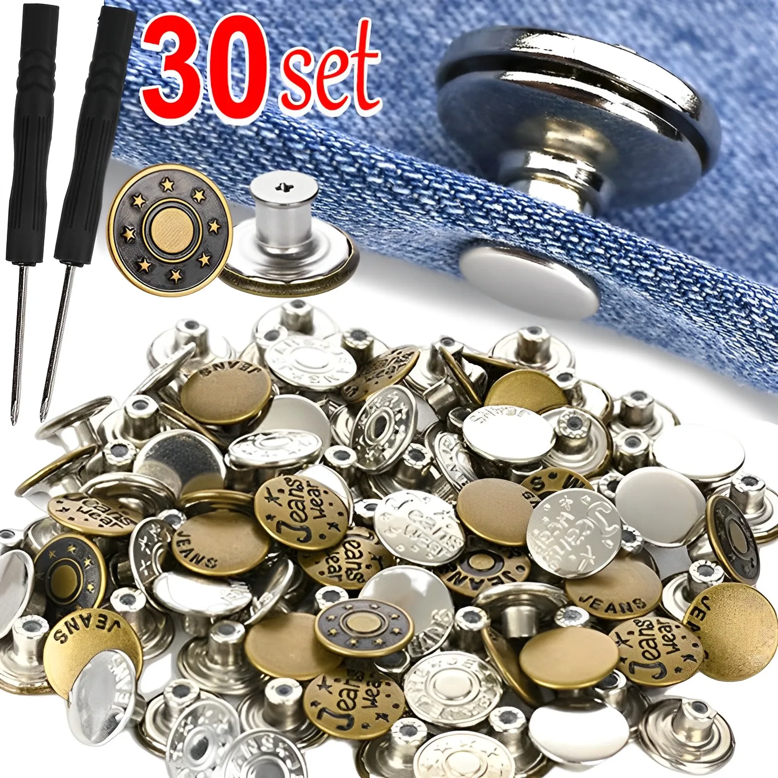 10-30set-Detachable-Jeans-Buttons-Adjustable-Free-Waist-Metal-Button-No ...