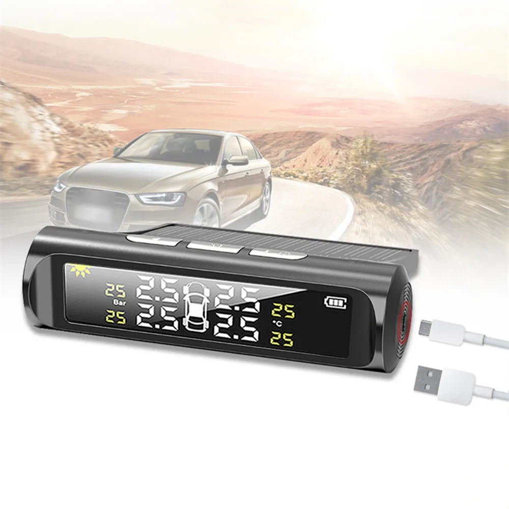 Smart-Car-TPMS-Tire-Pressure-Monitoring-System-Solar-Power-Digital-TMPS-LCD-Display-USB-Auto ...