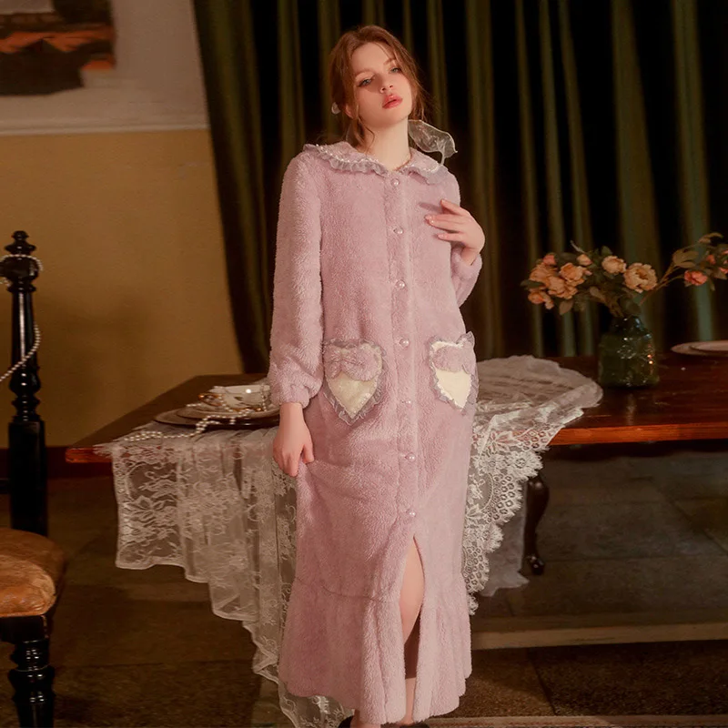 Purple-Women-s-Dressing-Gown-Flannel-Robe-Sweet-Doll-Collar-Button ...