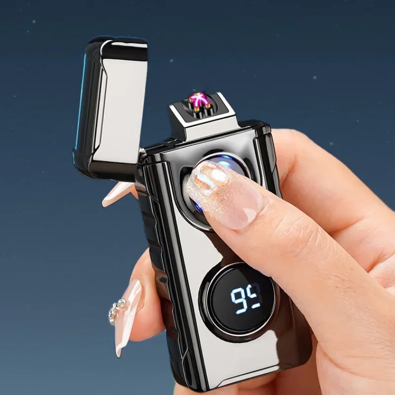 Metal-Windproof-Dual-Arc-Lighter-With-Digital-Battery-and-Cigarette ...