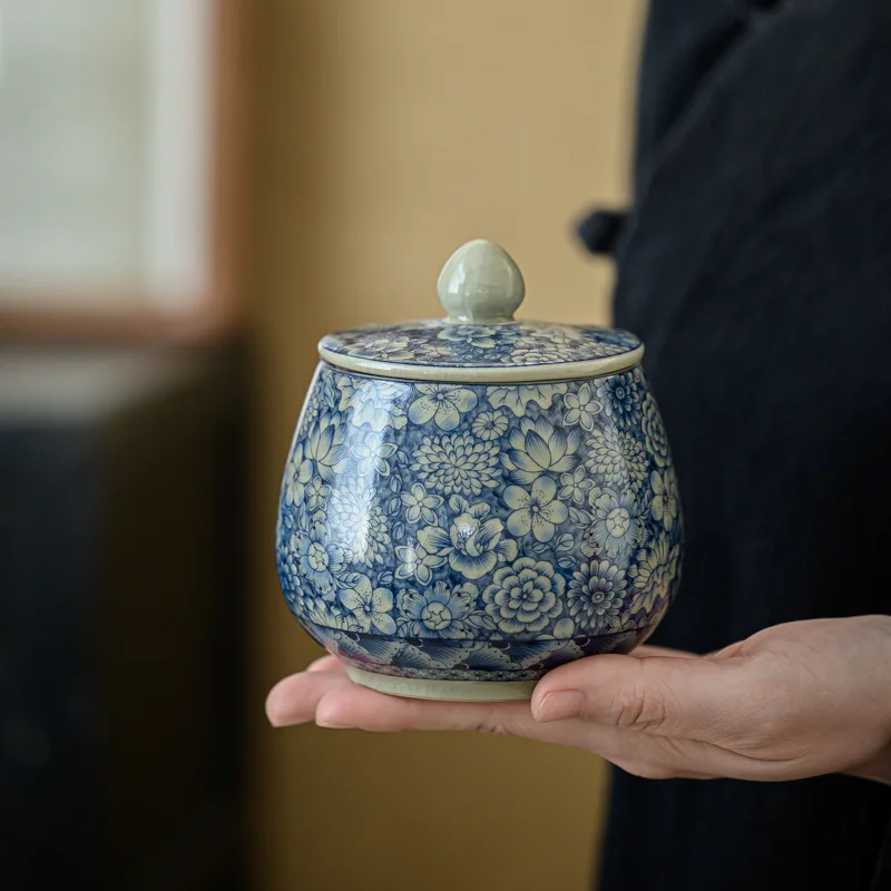 Tea Can Box Ceramic Tea Storage Jar Vintage Blue and White Cracked ...