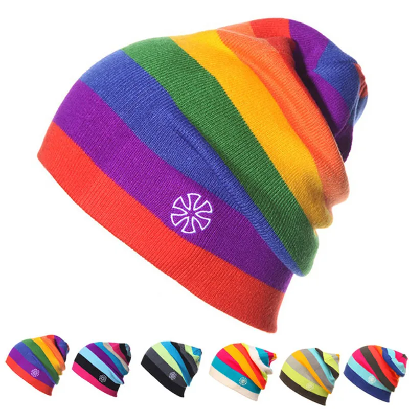 Helisopus Winter Rainbow Striped Warm Knitted Hat Without Brim Winter ...