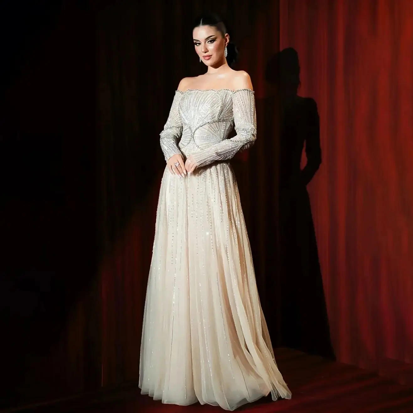 Ofherown Luxury Beaded Champagne Off-the-Shoulder Evening Gown with ...
