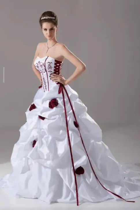 Robe de mariée blanche et bordeaux, sans bretelles, plissée, à volants, Corset à lacets ...