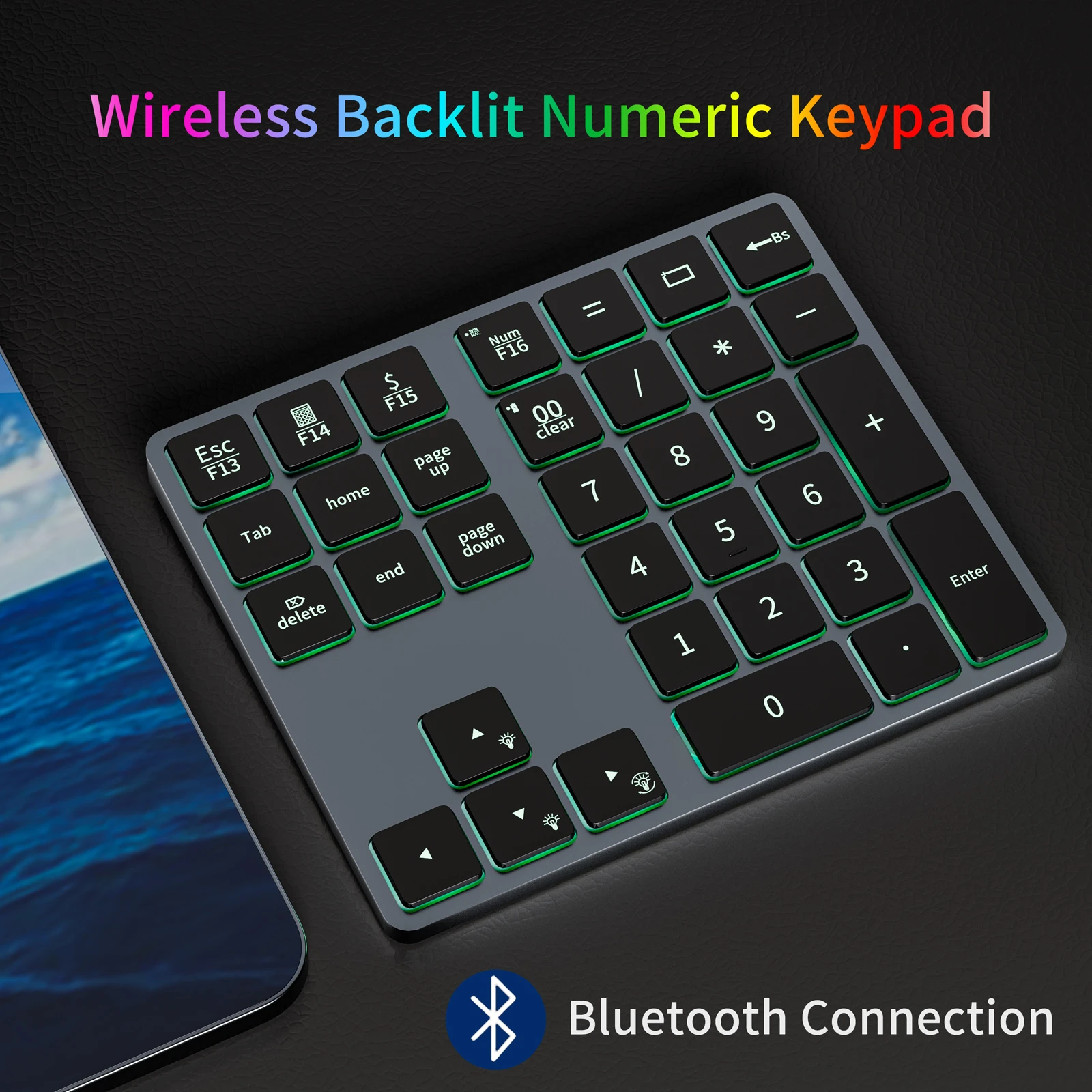 34 Key Metal Keyboard Portable Bluetooth Backlit Numeric Keyboard Slim ...