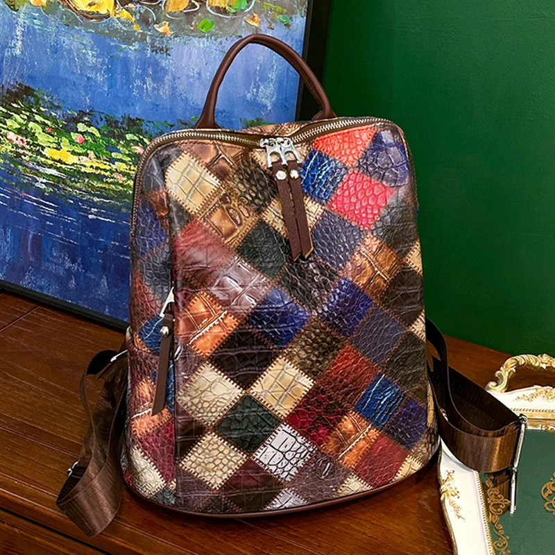 Mochila-de-couro-vintage-patchwork-mochila-feminina-mochilas-de-viagem-mochilas-escolares-para ...