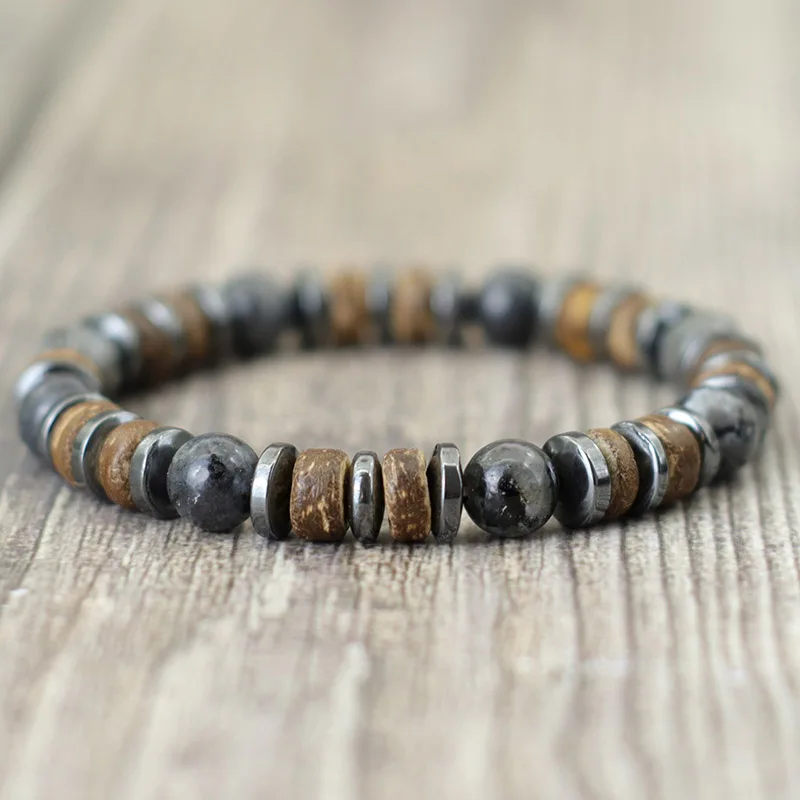 Natural Wooden Bracelet Homme Black Hematite Stone Beaded Braclet Men ...