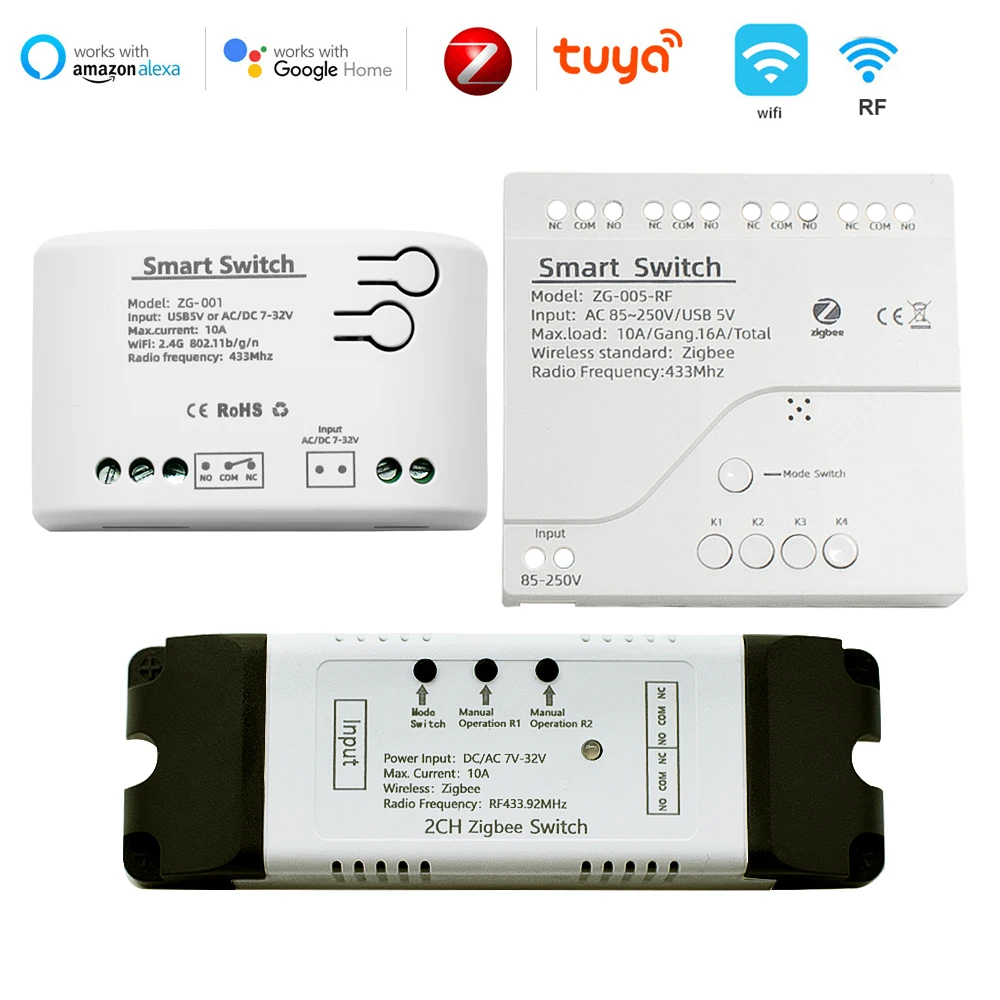 Módulo de relé Zigbee Tuya Smart, 1CH, 2CH, 4CH, RF, 433Mhz, interruptor de luz de Control ...